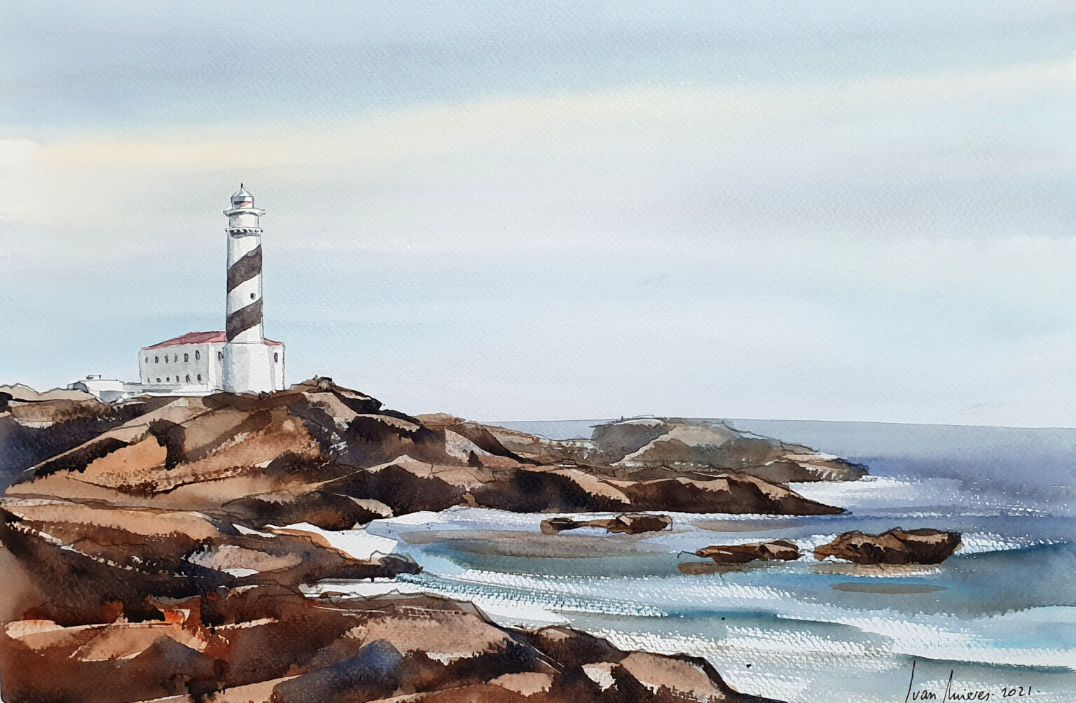 A219 – Faro en Menorca – Acuarela original de Juan Mieres – 49 x 34 cm ...